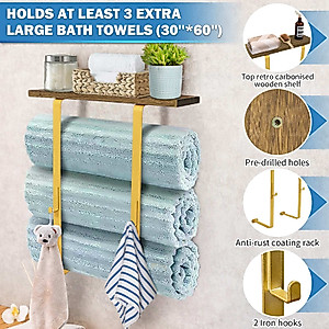 Ranslen Towel Racks Organizer for Bathroom Wall Mounted,Metal Towel Rack with Wooden Shelf and 2 Hooks,Black Storage Holder Organizer for Large/Small Towels,Hand Towels,Washcloths,Spa,RV,Matte Golden