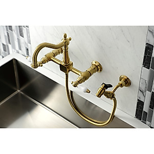 Kingston Brass KS1267PLBS Heritage 8-Inch Centerset Wall Mount Kitchen Faucet with Brass Sprayer, Brushed Brass