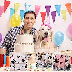 Teling 20 Packs Dog Paw Clear PVC Gift Bags with Handle Reusable Plastic Wrap Tote Bags Transparent Goodie Bags for Puppy Pet Treat Party Favor Birthday Party Wedding, 8 x 8 x 3.15 In(Black)