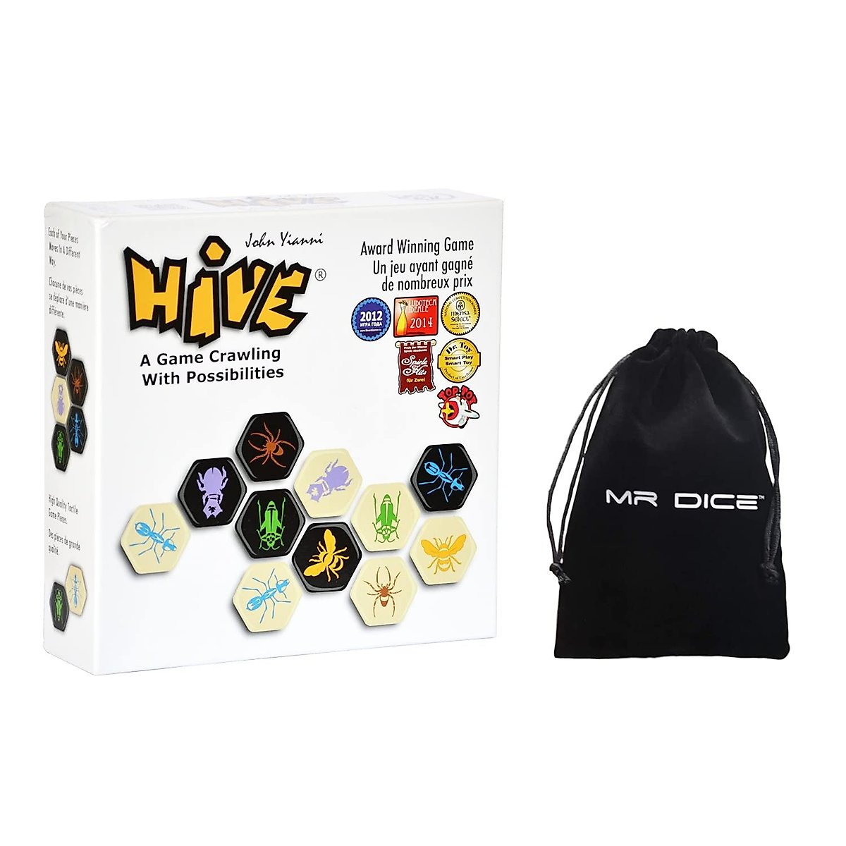 Hive Board Game - A Game Crawling with Possibilities Bundle with Mr Dice Drawstring Bag