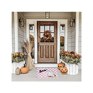 Twelve Studio Halloween Boo Doormat, Cute Spooky Ghost Dog Indoor Outdoor Welcome Mat, Washable Anti-Slip Rug for Entrance Kitchen Bathroom Halloween Decoration, 2’x3' Pink White Checkerboard