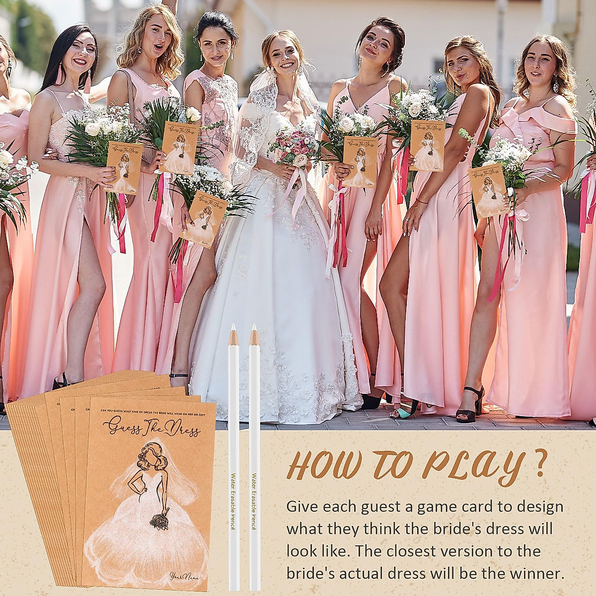 Fulmoon 30 Sets Guess The Dress Bridal Shower Games for Guests Include Wedding Shower Games Cards and Water Soluble Pencils Fun Wedding Decorations Party Supplies Games Ideas (Brown)