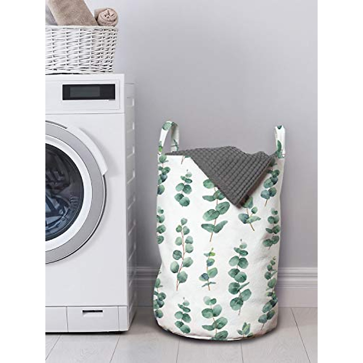 Ambesonne Eucalyptus Laundry Bag, Watercolor Inspired Painting of Forest Leaves and Branches Garden Art, Hamper Basket with Handles Drawstring Closure for Laundromats, 13" x 19", Laurel Green