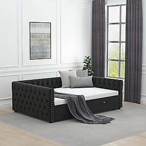 KINFFICT Velvet Full Daybed with Twin Trundle, Modern Upholstered Full Size Day Bed Button-Tufted Sofa Daybed Frame with A Roll-Out Trundle (Black)