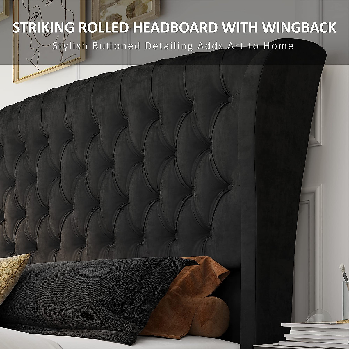 AMERLIFE Queen Size Platform Bed Frame, Velvet Upholstered Sleigh Bed with Scroll Wingback Headboard Footboard/Button Tufted/No Box Spring Required/Easy Assembly/Black