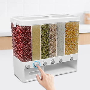 LUGBING Dry Food Dispenser, One-Click Rice Output Food Containers, Wall mounted 6 Grid Cereal Dispenser, Rice Dispenser Kitchen Storage for Rice, Beans, Grains
