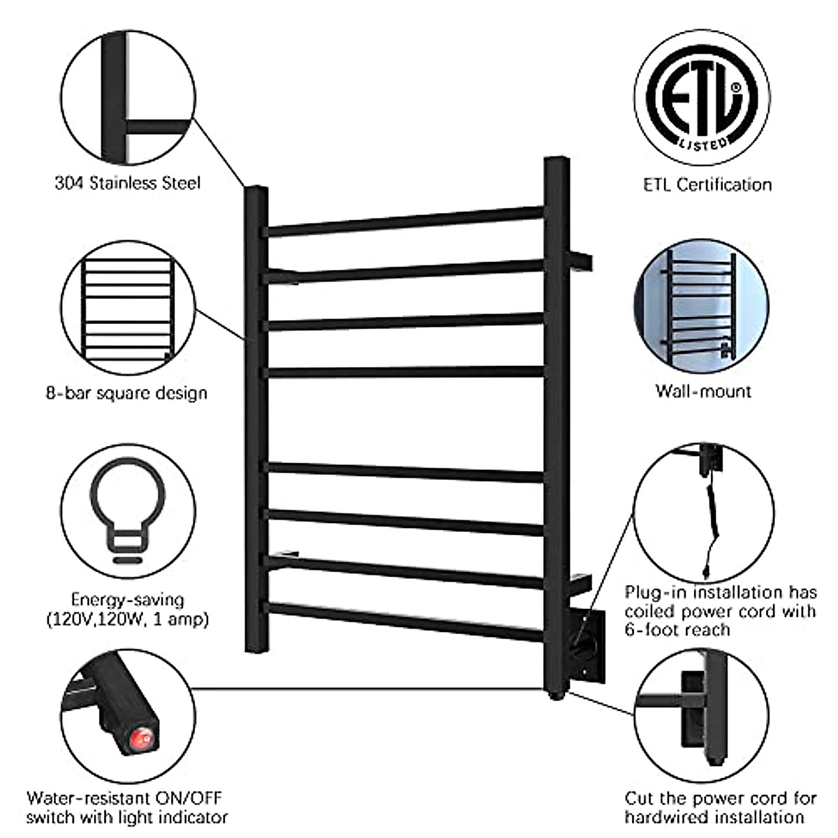 HEATGENE Towel Warmer, Heated Towel Warmer Rack, Wall-Mounted Hardwired/Plug-in Electric Towel Warmers for Bathroom, Hot Towel Rails - Matte Black