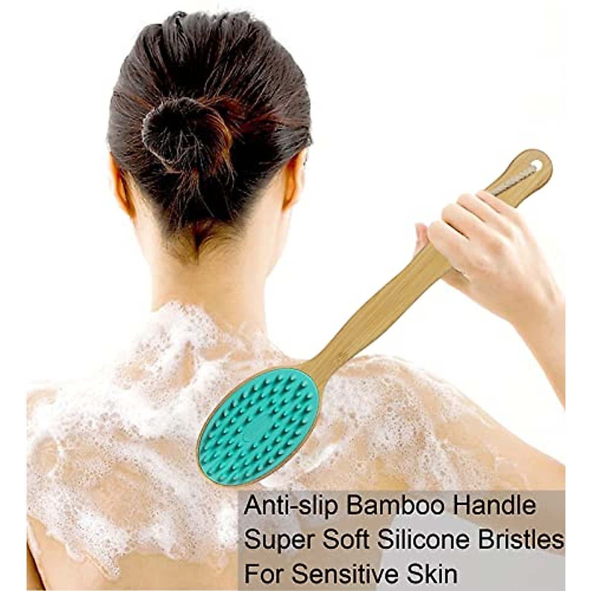 Silicone Body Scrubber with Long Handle, Dual-Sided Exfoliating Back Scrubber, 2 in 1 Bath Shower Brush for Dry and Wet - Green