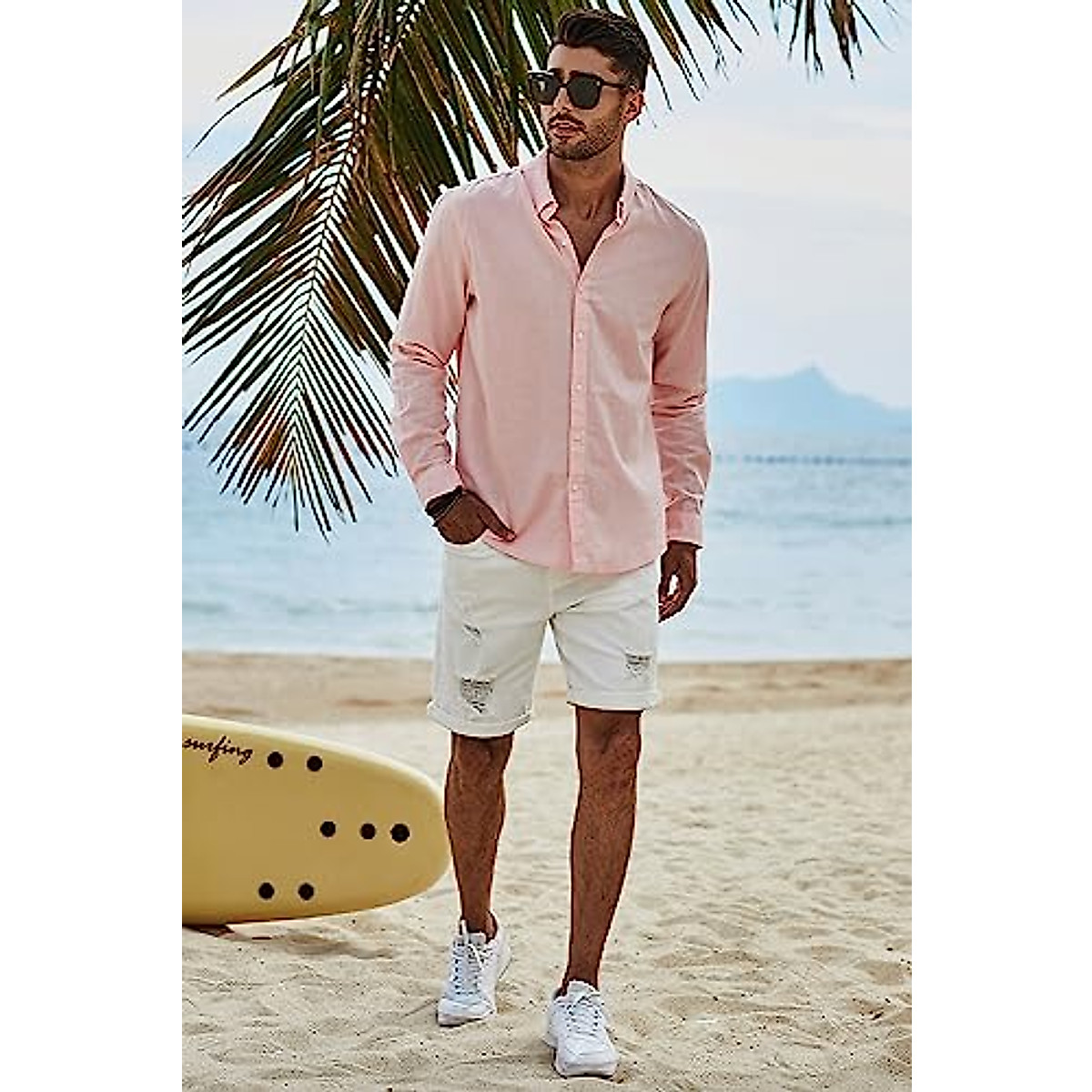 JMIERR Mens Cotton Linen Casual Stylish Button-Down Shirt Long Sleeve Business Plain Dress Shirts Old Money Aesthetic Shirts for Men,US50(2XL),B Pink