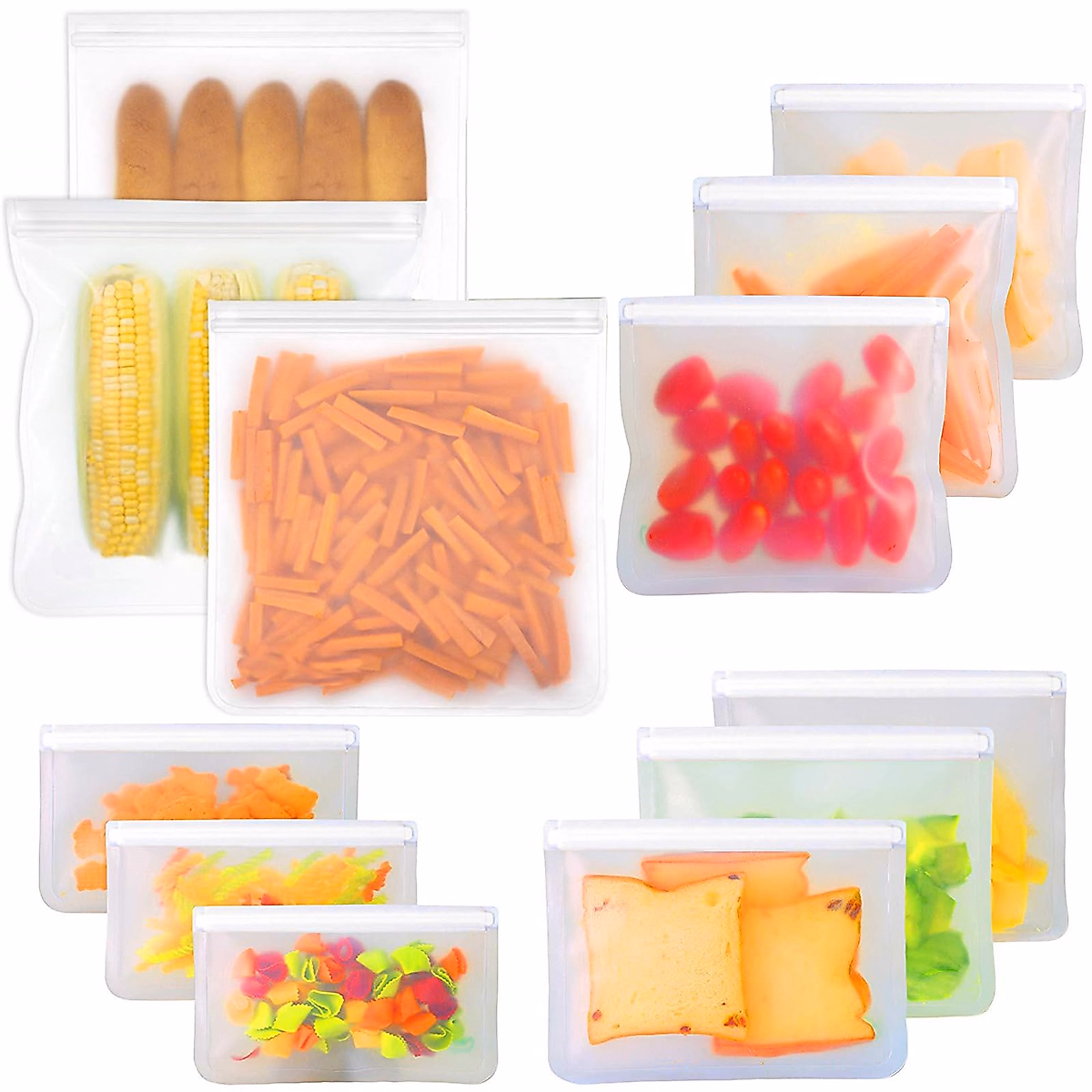 12 Pack Reusable Food Storage Bags Silicone Ziplock Bags Stasher Bag Leakproof Storage Bags for Marinate Food & Fruit Cereal Sandwich Meal Prep Travel Items Home Organization Storage
