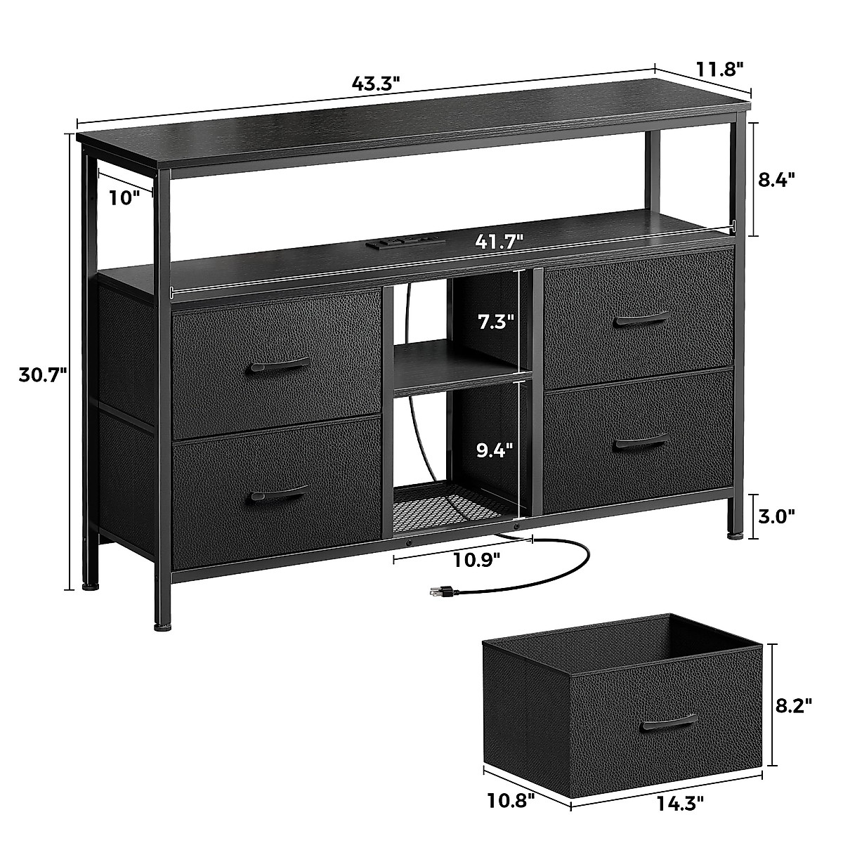 Huuger TV Stand Dresser with Power Outlets and LED Lights, 4 Drawers Entertainment Center with Open Shelf, Media Console for 50 43 Inch TV, Dresser with PU Finish, Black