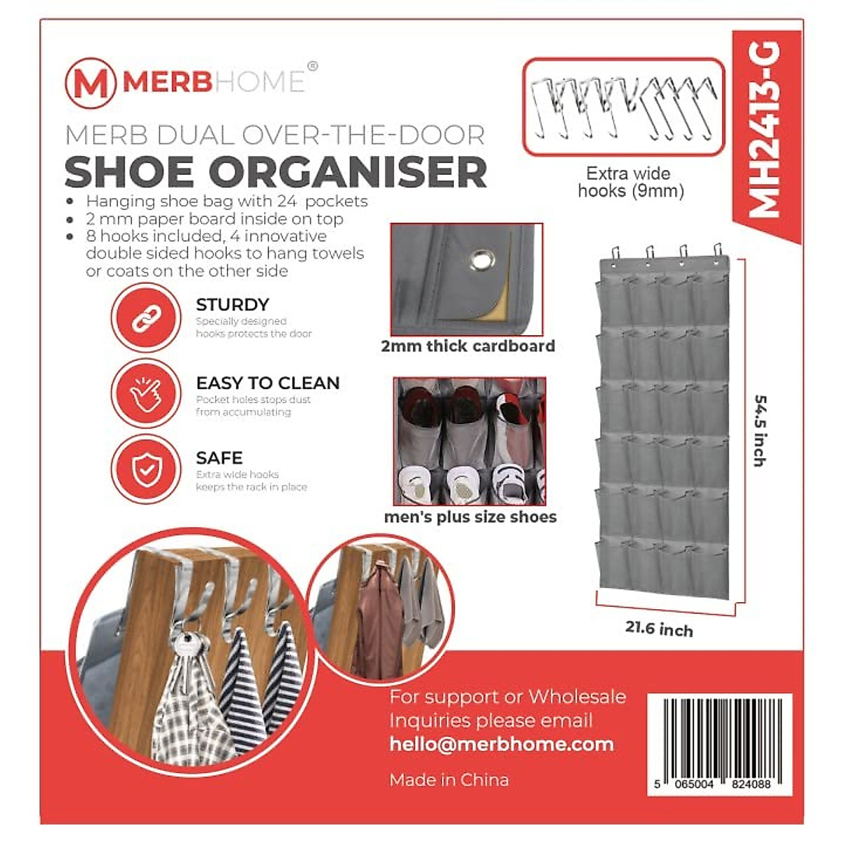 MERB HOME door Shoe Storage Organizer with 24 large pockets! 8 hooks included! 4 regular hooks and four special double-sided hooks for hanging coats or towels on the other side - Foldable Organizer