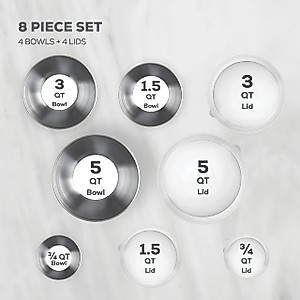 FineDine Stainless Steel Mixing Bowls with Lids Set, Stackable Nesting Dishware Bowls for Kitchen Space Storage Saving, Non-Slip Bottoms for Stability, 5 Quarts Salad Bowls