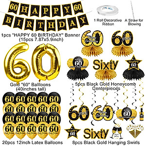 Turypaty 36Pcs 60th Birthday Decorations Kit for Men Women, Black Gold Happy 60 Birthday Banner Balloons Honeycomb Centerpiece Hanging Swirls Kit Party Supplies, Sixty Year Old Bday Table Topper