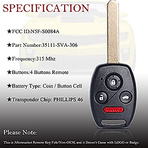 Key Fob Remote Replacement Fits for Honda Civic EX Si Hybrid 2006 2007 2008 2009 2010 2011 2012 2013 Acura Mdx 2007-2013 N5F-S0084A Keyless Entry 4 Buttons Remote Control 35111-SVA-306(Pack of 1)