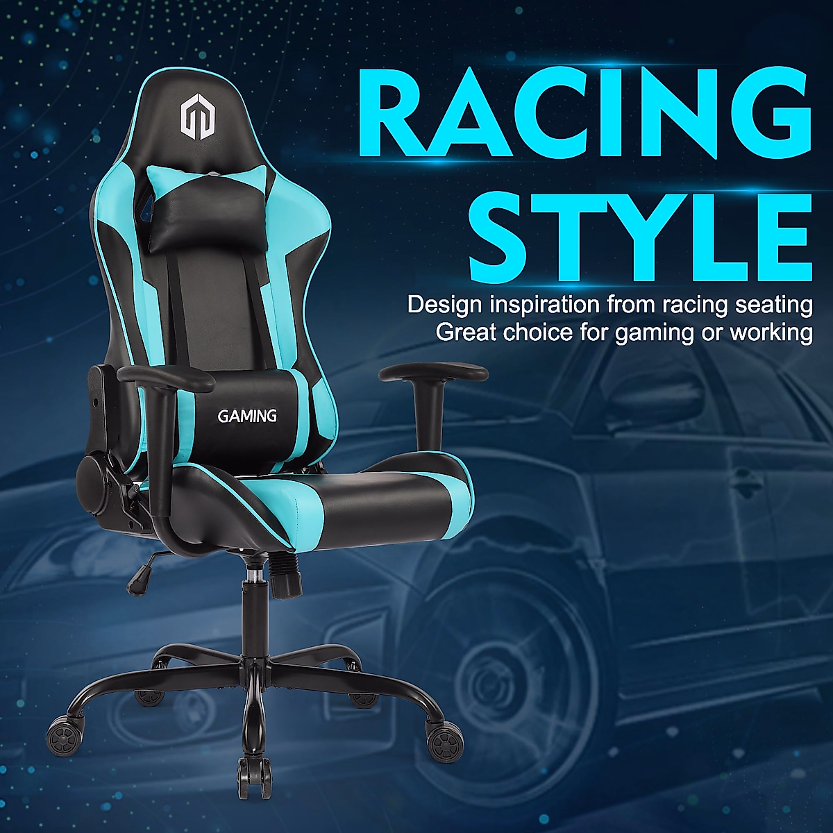 GOTMINSI Video Gaming Chair with Headrest and Lumbar Cushion Adjustable Desk Chair for Office and Study Room Computer Racing Chair with Ergonomic High Backrest (BK/Mint)