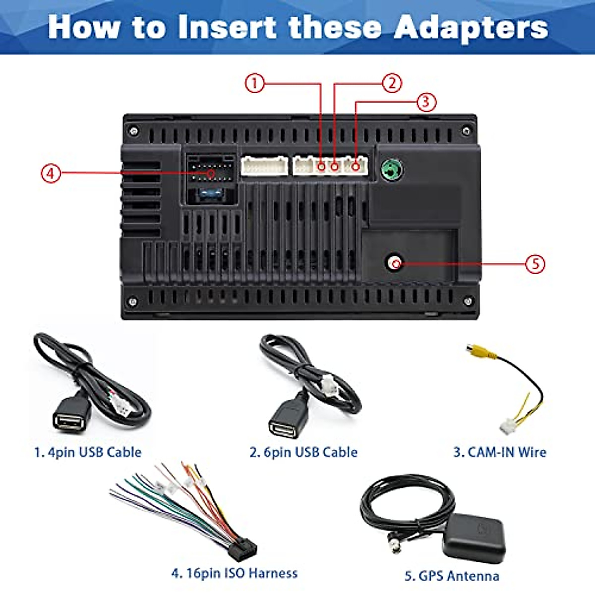 Android Car Stereo Radio Wiring Harness Kit with 16 Pin ISO Radio Harness Adapter Back Camera RCA Wire GPS Antenna Connector 4/6 Pin USB Cable