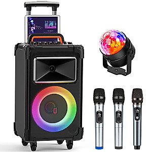 JYX Karaoke Machine with 3 Mics and Discol Light, Livestream Speaker PA System Sbuwoofer with 8 Sound Effects,Lyrics Display Holder,LED Lights,Treble/Bass Adjustment, Support TWS/REC/FM/USB/SD/AUX-in