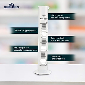 Brewing America Plastic Graduated Cylinder Beaker - 250ml Science Measuring Cylinder Test Tube Flask 250 mL, 2-Sided Marking - Black and Raised Graduation Lines, Pour Spout