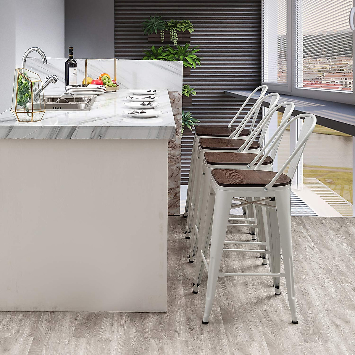 Aklaus Metal Bar Stools Set of 4, 24 inch Counter Height Bar Stools with Backs, Farmhouse Style, Larger Seat, High Back Kitchen Dining Chairs, Cream White Stool