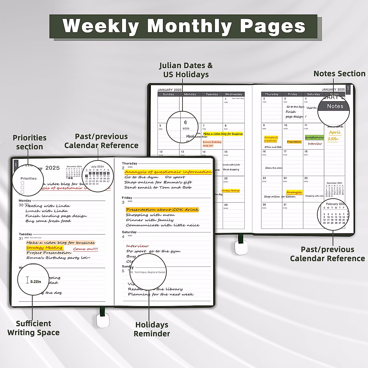 2025 Planner, Weekly Monthly Planner 2025, 8.25"×5.85", 12 Months, JAN.2025 to DEC.2025, School Planner with Soft Flexible Cover, Premium Thick Paper, for School Work Office, Green