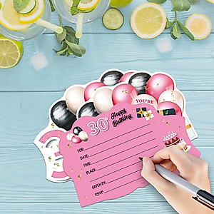 ERHACHAIJIA 20 PCS Pink & Black Golden Balloons & Cake Shaped Fill-In Invitations Cards With Envelopes, Funny 30th Happy Birthday Party 30 Year Old Birthday Invites For Women Lady Wife Mom Adults