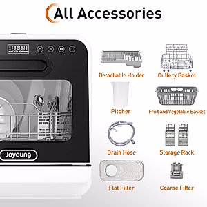 JOYOUNG Portable Countertop Dishwasher, 5L Built-in Water Tank, 5 Washing Programs with Air-Dry Function, 360° Dual Spray Arms, Compact Size and Large Capacity for a Family of 6