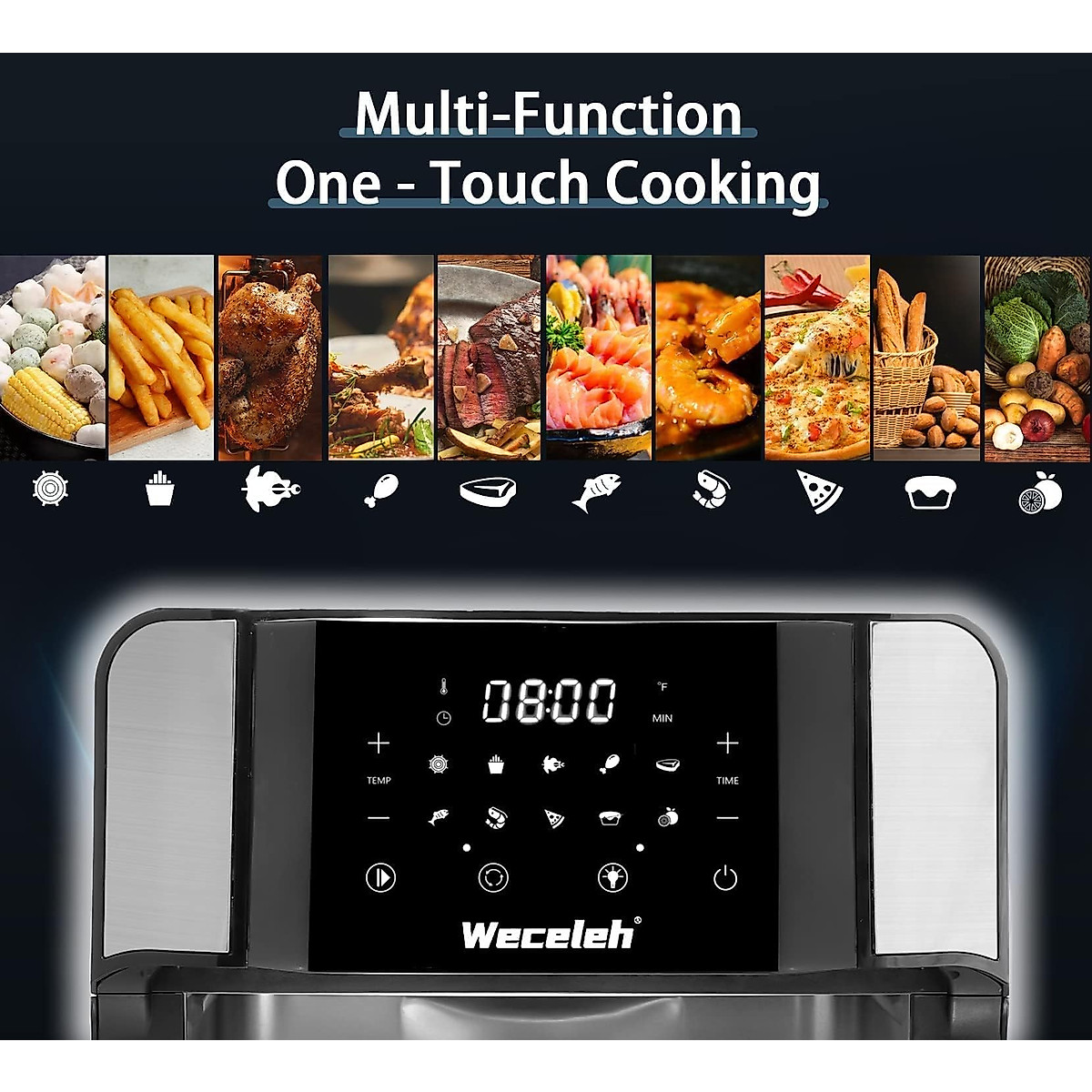Weceleh Air Fryer 10 in 1 Toaster Oven, 15.8 QT Large Air Fryer with Visible Window, 15L Large Family Size, 60 Minutes Timer, Accessories Included, Touchscreen, No-Oil Frying, NonStick, Black, 1700W