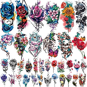 77 Sheets Flowers Temporary Tattoo, 17 Sheets Half Arm Rose Butterfly Snake Skull Fake Tattoos for Adults Arm Neck, 60 Sheets Tiny Realistic Temporary Tattoos Waterproof for Women Girls and Kids