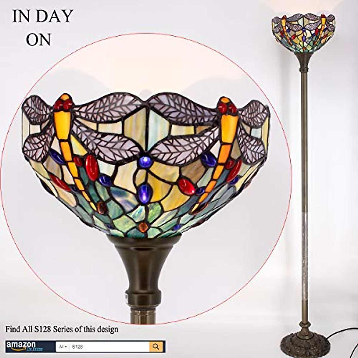 WERFACTORY Tiffany Floor Lamp Sea Blue Yellow Stained Glass Dragonfly Light 12X12X66 Inches Pole Torchiere Standing Corner Torch Uplight Decor Bedroom Living Room Home S128 Series