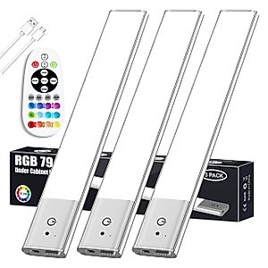 Diomart Under Cabinet Lights, 79 LED Rechargeable Under Cabinet Lighting with Remote, 3 Pack RGB Dimmable led Closet Lights Wireless Under Counter Lights for Kitchen, Stairs, Wardrobe, 15 Colors