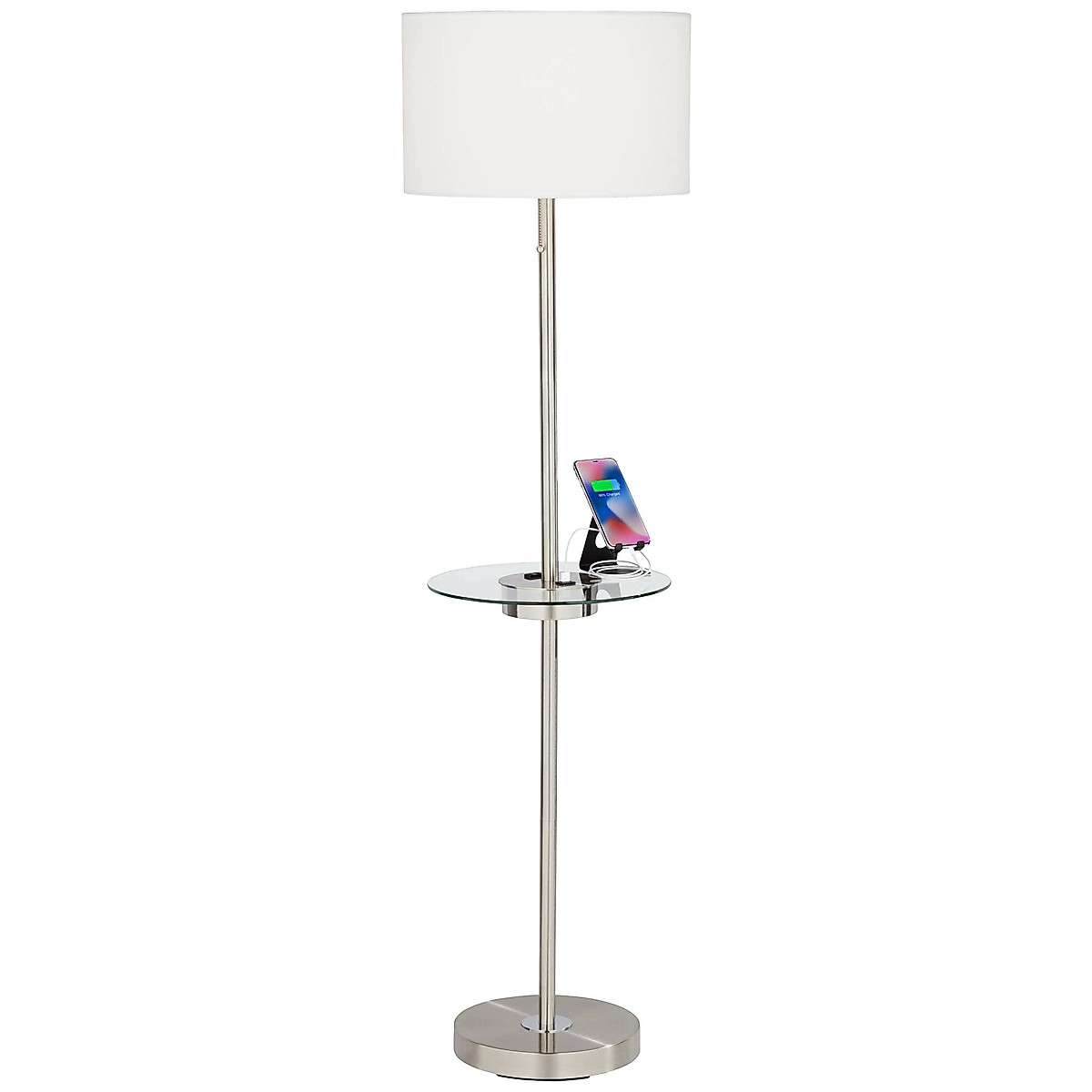 360 Lighting Caper Modern Floor Lamp with Tray USB and AC Power Outlet on Table Glass 60.5" Tall Satin Nickel White Fabric Drum Shade for Living Room Reading House Bedroom
