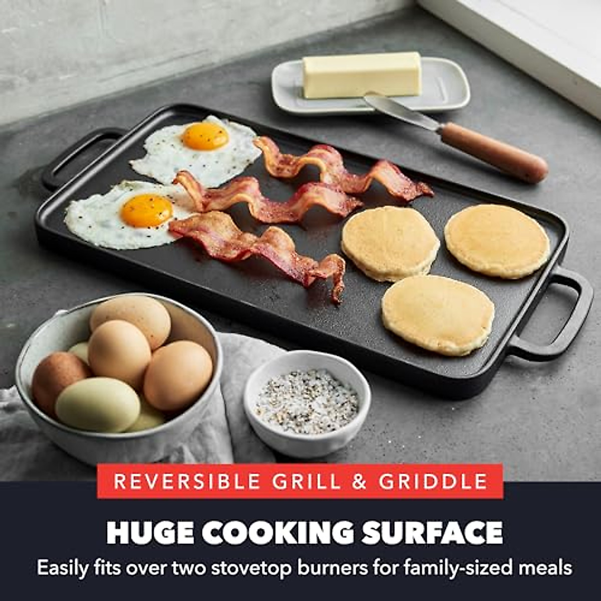 GreenPan x Bobby Flay Cast Iron Pre-Seasoned 11” Reversible Double Burner Rectangle Grill/Griddle, Helper Handles, Induction Suitable, Versatile Stovetop, Oven, BBQ & Fire, Indoor/Outdoor Use, Black