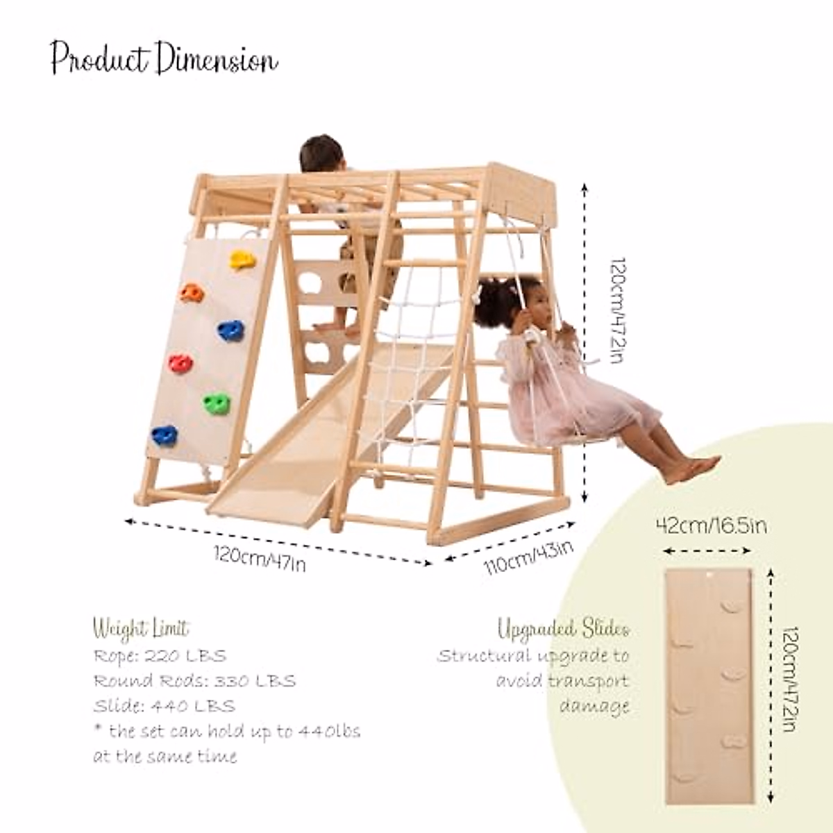 Giant bean Medium Size Indoor Playground Jungle Gym for 2-5yrs Kids, Toddlers Climber Toys 8-in-1 with Slide, Rock Climb Wall, Monkey Bars, Wood & Rope Ladder, Climbing Rope & Wall and Swing