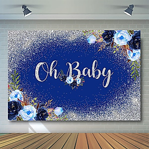 Avezano Navy Blue and Silver Baby Shower Backdrop for Boy Baby Shower Party Decorations Photography Background Glitter Silver Navy Blue Floral Oh Baby Party Decorations Backdrops (7x5ft)