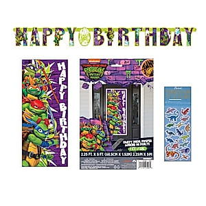 TMNT Teenage Mutant Ninja Turtles Birthday Party Supplies Bundle includes 1 Party Door Poster, 1 Happy Birthday Banner, 1 Dinosaur Sticker Sheet