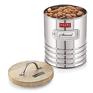 HAZEL Stainless Steel Storage Jar Container With Wood Lid, Set of 3, 1400 ML, Silver