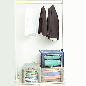 Tasmegol 2 Pack 66L Linen Fabric Clothes Storage Organizer Bins with 3 Opening Stackable Steel Frame Clothing Closet Containers Bags Foldable Clear Window Cloth Box for Sweater Bedding (Grey)
