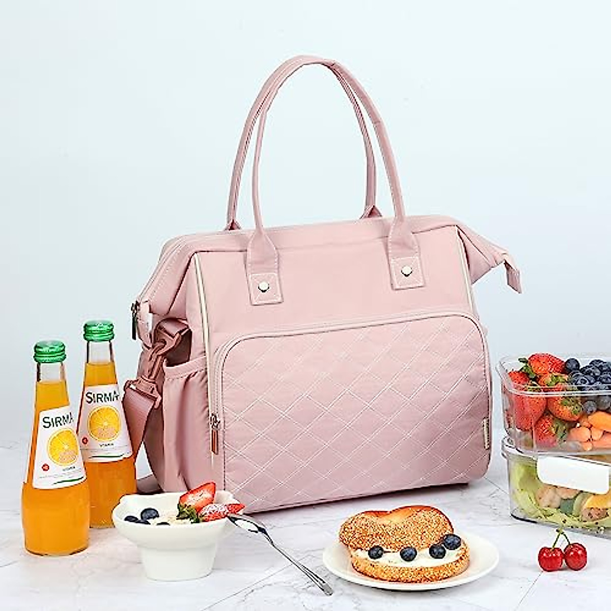 FINDCOZY Insulated Lunch Bag for Women, Cute Lunch Box, Reusable Cooler Bag with Removable Shoulder Strap and Side pockets for Work or Picnic, Pink