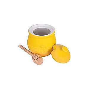 Creative Co-Op Farmhouse Embossed Stoneware Honey Pot with Wood Honey Dipper, Yellow