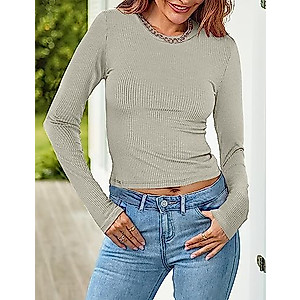 MEROKEETY Women Long Sleeve Slim Fit Crop Shirt Ribbed Knit Tops Casual Round Neck Y2K Tees Grey Small