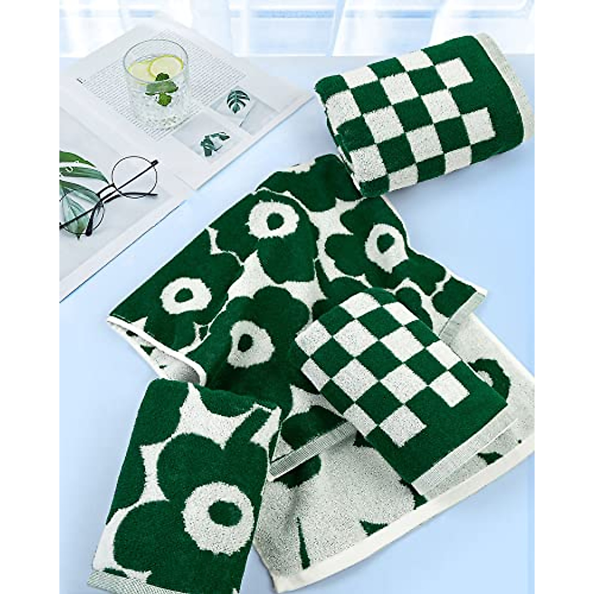 Soft Hand Towels for Bathroom Checkered and Sun Floral - 2 Styles 4 Pack Cotton Hand Towel Set - Dark Green