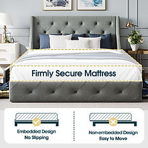 WEEWAY Upholstered Queen Size Bed Frame with 4 Storage Drawers and Wingback Headboard, Button Tufted Design, No Box Spring Needed, Easy Assembly, Light Grey