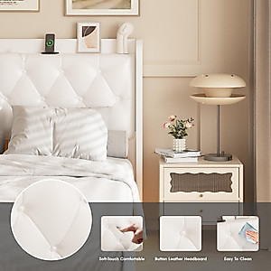 Queen Size Floating Bed Frame with LED Lights, Upholstered PU Leather Platform Bed with Charging Station & Button Tufted Headboard Storage, No Box Spring Needed, White