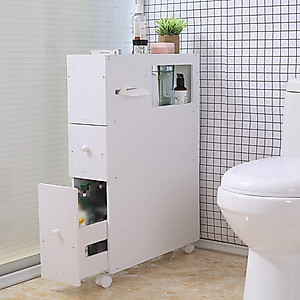 XUANIIIL Bathroom Floor Movable Storage Cabinet, Narrow Slim Tall Towel Organizer Toilet Side Freestanding Rolling Shelf Unit with Drawers for Small Space Laundry Living Room