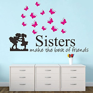 ANFRJJI Sisters Make The Best Friends Wall Decal with Butterfly Art for Girls Room - Removable PVC Vinyl Sticker - Effect 39x24 inch - Sisterhood Quote JWH174 (Black+Blush Butterfly)