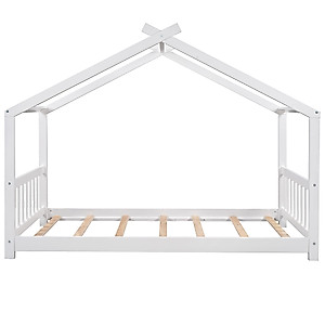 Merax Twin Kids Wood House Beds with Headboard and Footboard Floor Bed Frame for Boys,Girls, Easy Assembly (Twin, White)