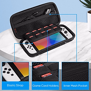 Fintie Carrying Case for Nintendo Switch OLED Model 2021/Switch 2017, [Shockproof] Hard Shell Protective Cover Travel Bag with 10 Game Card Slots & Inner Pocket, Marble Black