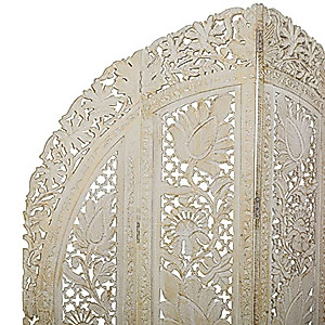 Deco 79 Wood Floral Handmade Hinged Foldable Arched Partition 4 Panel Room Divider Screen with Intricately Carved Designs, 60" L x 2 "W x 72"H, White