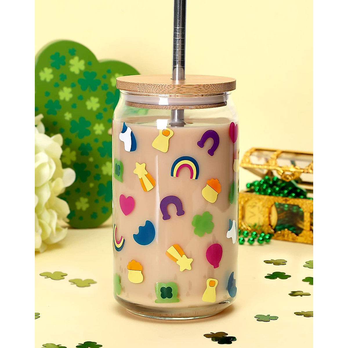 Nefelibata Lucky Charm Iced Coffee Glass Cup Beer Can Glass 16oz with Bamboo Lid and Metal Straw Feeling St. Patrick's Day Drinking Glasses Preppy Smoothie Tumbler Mug Modern Coffee Gift Idea